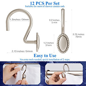 iToplin Brushed Nickel Shower Curtain Hooks, Decorative Shower Curtain Rings, Rust Resistant Metal Shower Hooks for Bathroom, Rust Proof Shower Hooks Hangers for Shower Curtain Rod, Set of 12