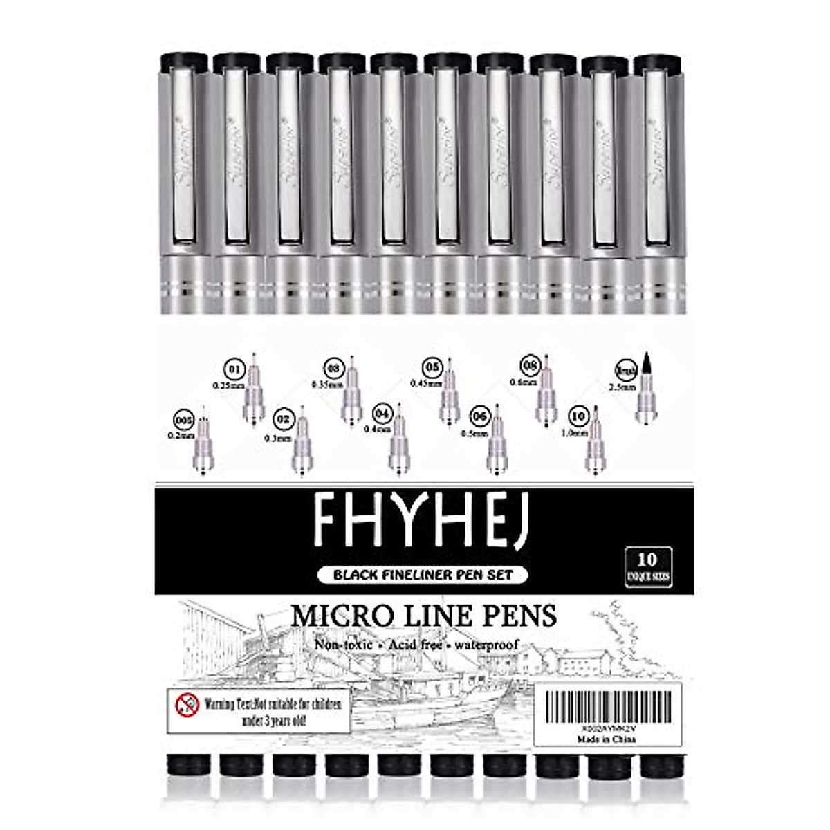 Fhyhej Black Precision Micro Line Pens,Ultra Fine Point Drawing Pen Set, Anti-Bleed Waterproof Archival Ink, Artist Illustration, Technical Drawing, Technical,Drawing,Office Writing,10/Set (Black)
