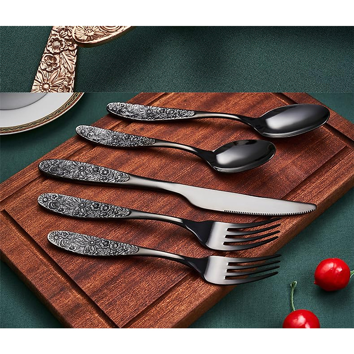 Taiyoko Silverware Set Flatware 32-Piece Retro Cutlery，Mirror Polished，Stainless Steel，Kitchen Utensils Tableware Service with Steak Knives Dinner Fork Knife Spoon