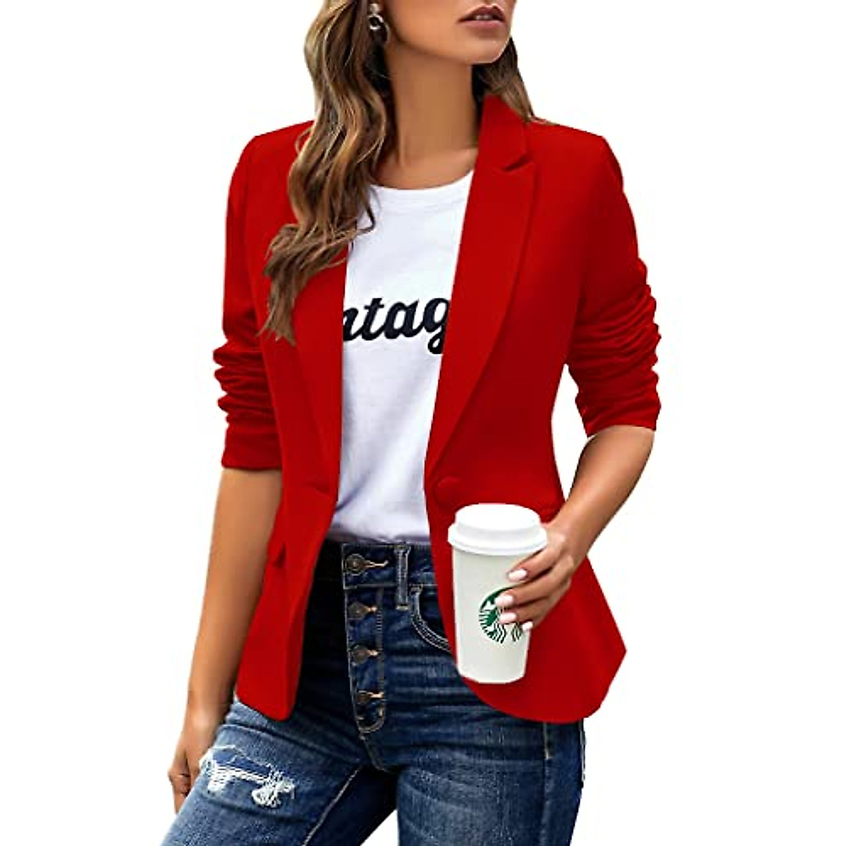 Womens Casual Blazers Long Sleeve Lapel Button Slim Work Office Blazer Jacket(Red,Large)