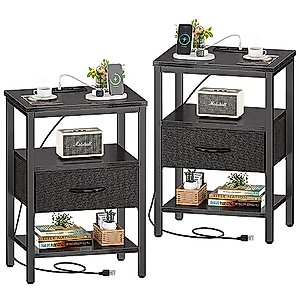 SUPERJARE Nightstands Set of 2, Bed Side Tables with Charging Station, Adjustable Fabric Drawer, Night Stands for Bedroom, 3-Tier Storage End Tables, Black