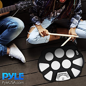 Pyle Compact & Ultra-Thin Portable Machine w/ 9 Electronic Pads, Foot Pedals, Drumsticks, & Power Supply Tabletop Roll Loaded W/Drum Electric Kits & Songs, Headphone Jack