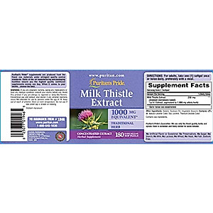 Puritans Pride Milk Thistle 4:1 Extract 1000 Mg (Silymarin) Softgels, 180 Count