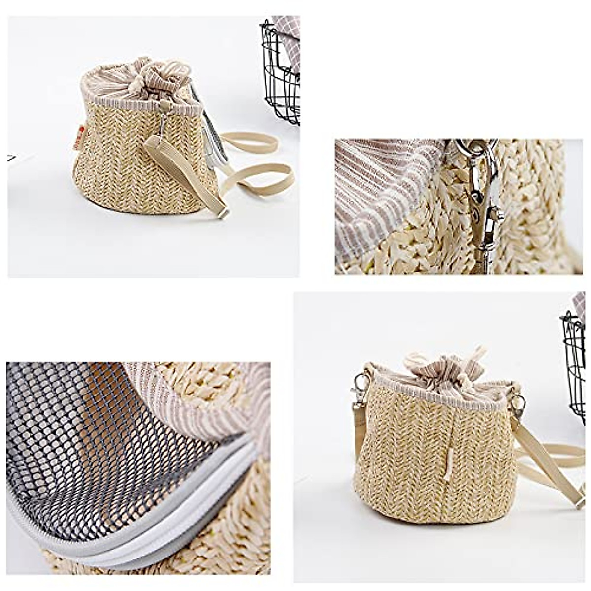 Small Pet Carrier Bag Hamster Carrier Bag with Long Detachable Shoulder Strap, Light Coffee Color Straw Mesh Breathable Portable Outgoing Bag for Hamster Hedgehog Sugar Glider Squirrel Gerbil