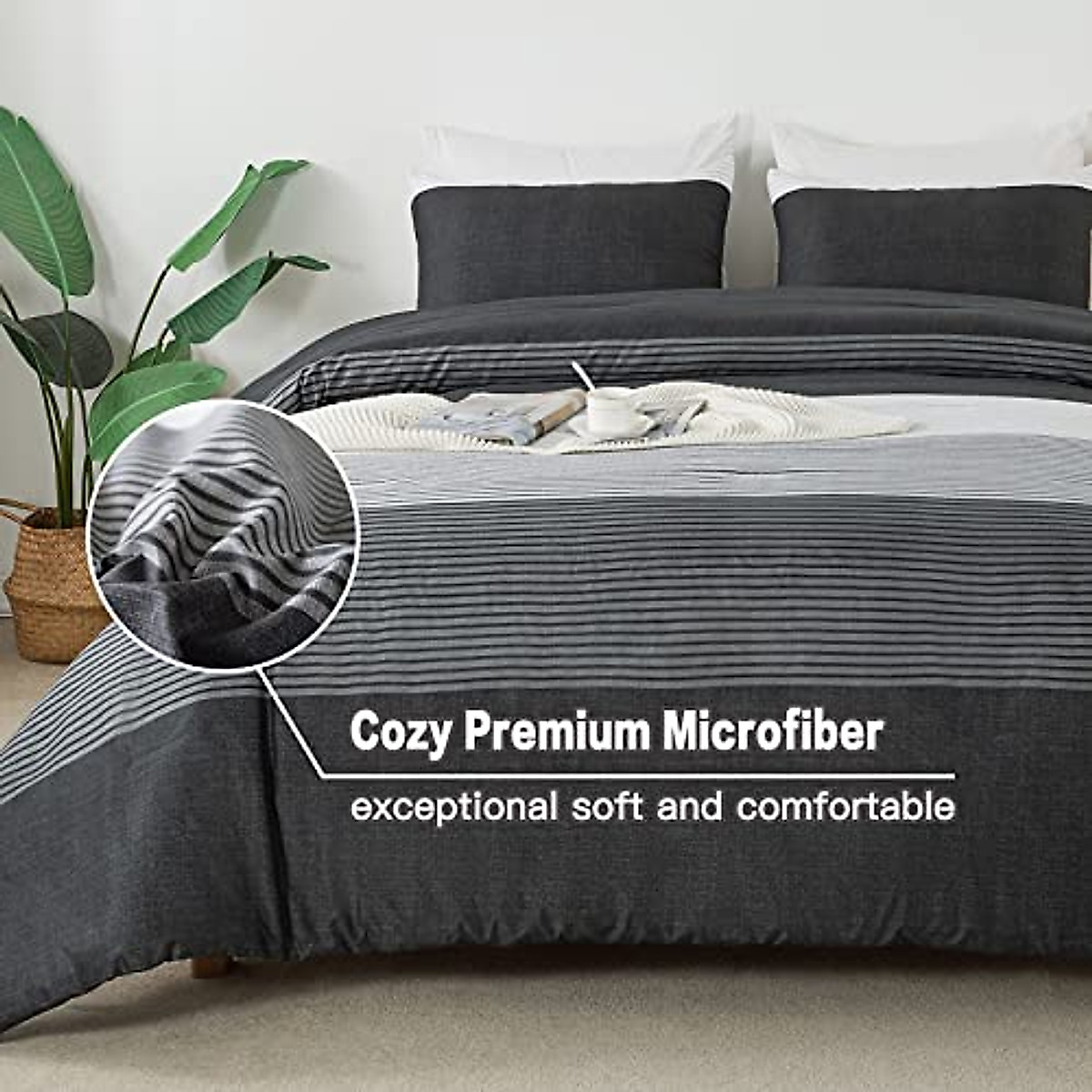 Litanika Full Size Comforter Set Black White Grey - 3 Pieces Lightweight Summer Bedding Set for Boys Men, All Season Down Alternative Comforter (1 Comforter, 2 Pillowcases)