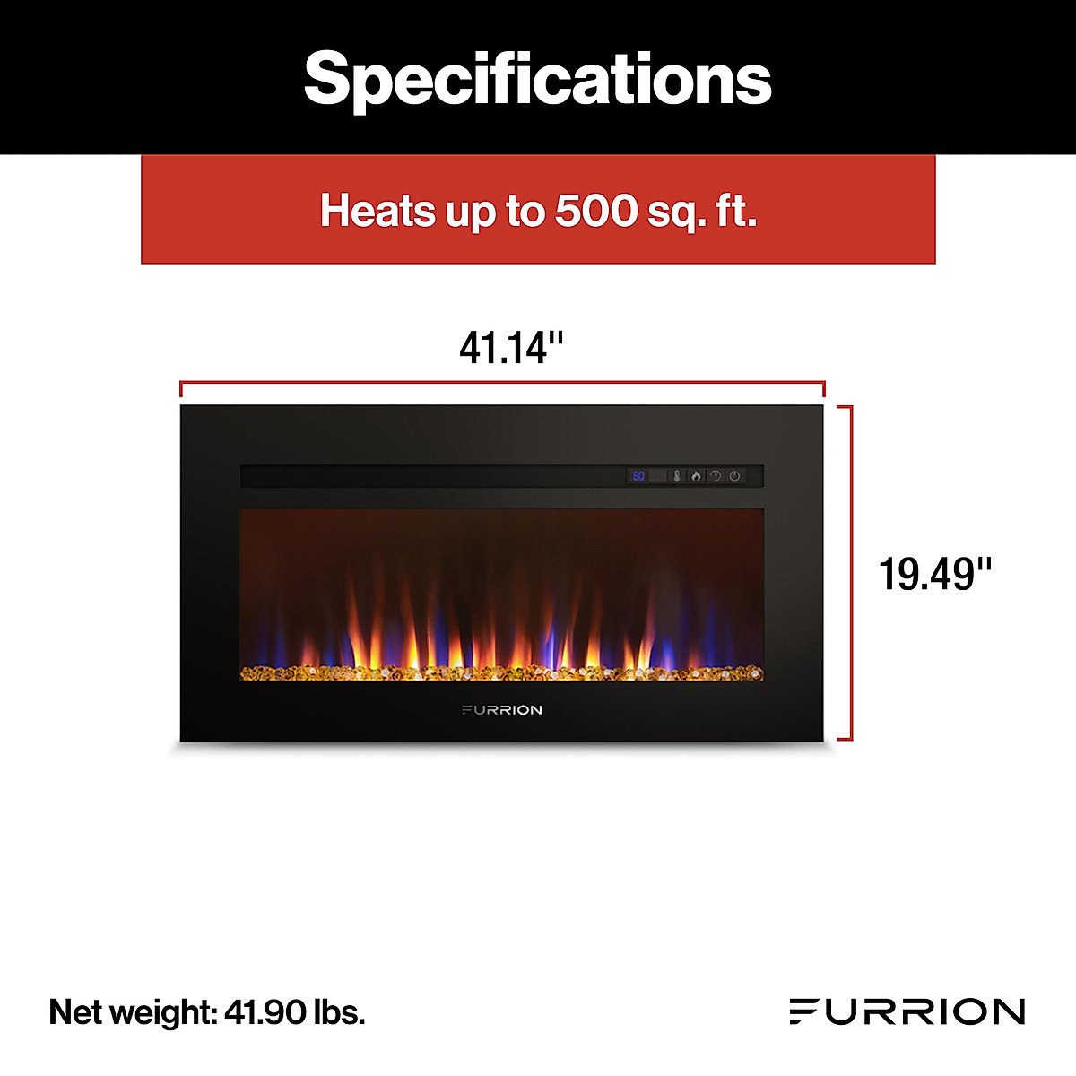Lippert Components 696011 Built-in Electric Fireplace with Crystal Platform - 40', Black