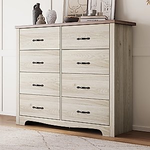LINSY HOME 8 Drawer Double Dresser, Dresser for Bedroom, Farmhouse Dresser Chest with Wide Drawers, Wood Storage Chest of Drawers for Living Room