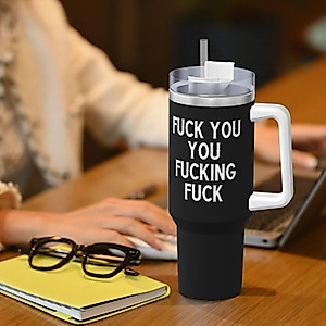 YVNUM 40 oz Tumblers with White Handle,Fuck You You Fucking Fuck Stainless Steel Thermos Travel Coffee Mug for Water, Iced Tea or Coffee,with Lid Straw Leakproof