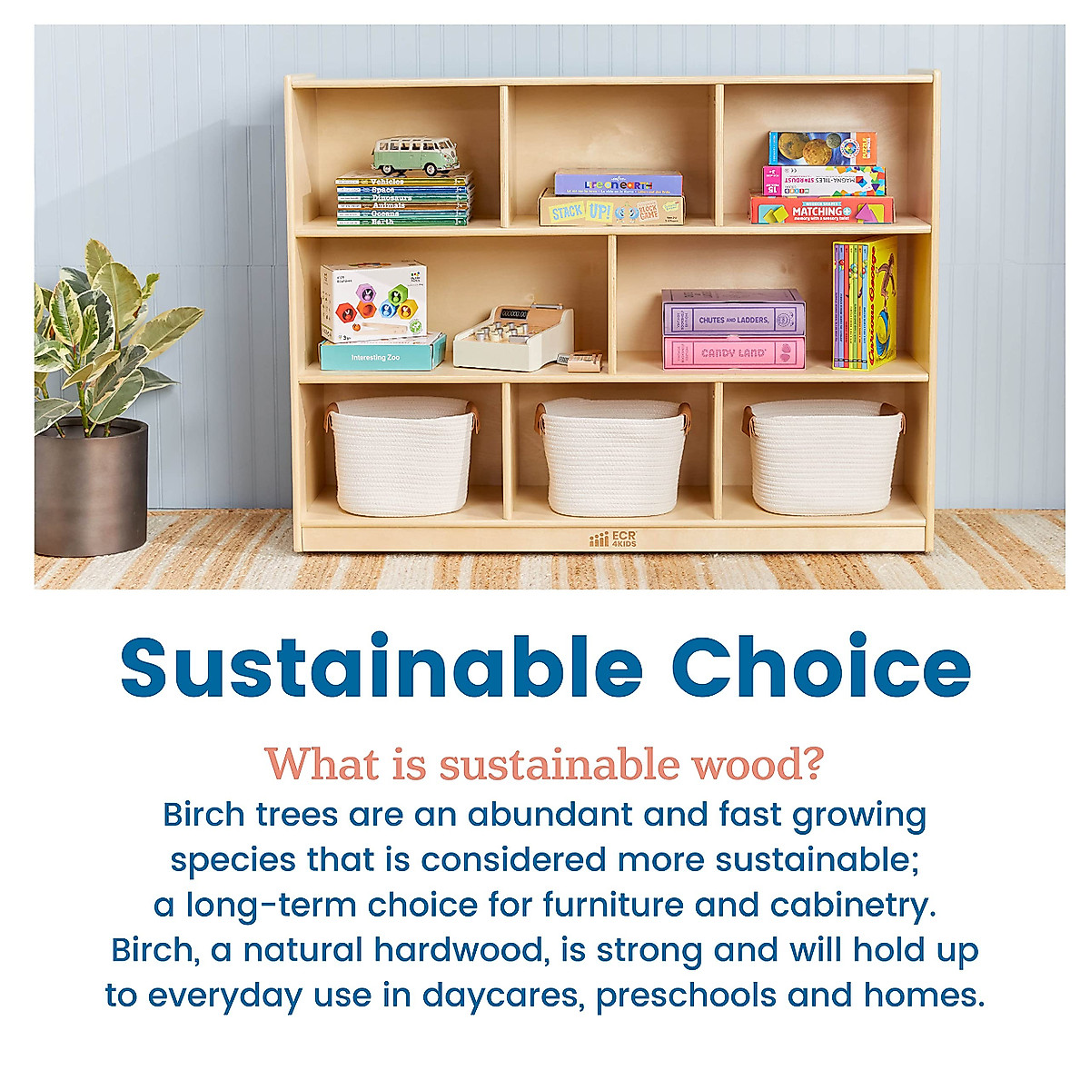 ECR4Kids 8-Compartment Mobile Storage Cabinet, 36in, Classroom Furniture, Natural