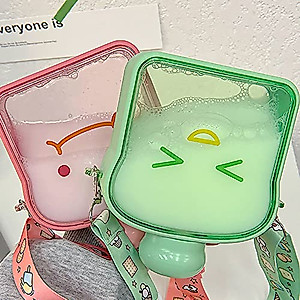 380ml Bread Design Water Bottle, Cute Expression Bread Design Mug Girls Summer Portable Leak-proof Plastic Cup with Strap Pink 380ml