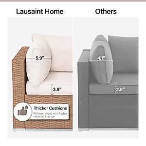 LAUSAINT HOME Outdoor Patio Furniture, 7 Piece Patio Furniture Set PE Rattan Sectional Conversation Sets with Thick Cushions & Wood-Like Coffee Table for Garden, Porch(Beige/Brown Wicker)