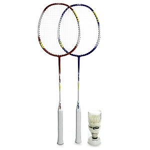 Pro Impact Badminton Racket Set - Aluminum Head with Steel Shaft - Includes Lightweight Rackets & Feather Shuttlecocks with Carrying Case - Outdoor Games for Adults and Family