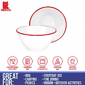 Red Co. Set of 2 Enamelware Metal Large Classic 4 quart Round Salad Serving Bowl, Solid White/Red Rim