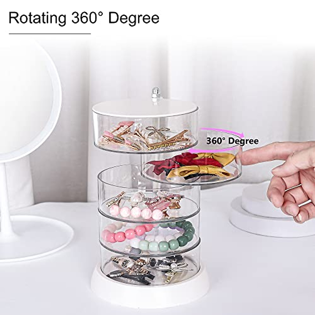 DancesCat 360° Rotating Hair Accessories Organizer, Bathroom Container for Headband, Bows, Hair Tie, Hair Tools, Scrunchie, Cotton Swab Organization, Clear 5-Layer Acrylic Scrunchie Holder for Girls