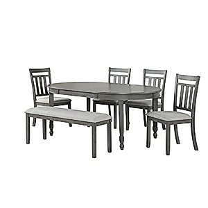 Liveasy Furniture Dining Room Table Set for 6, Kitchen Oval Table with Bench and Chairs Set (Set of 6) Dinette Table with Chairs and Bench (Oval Grey)