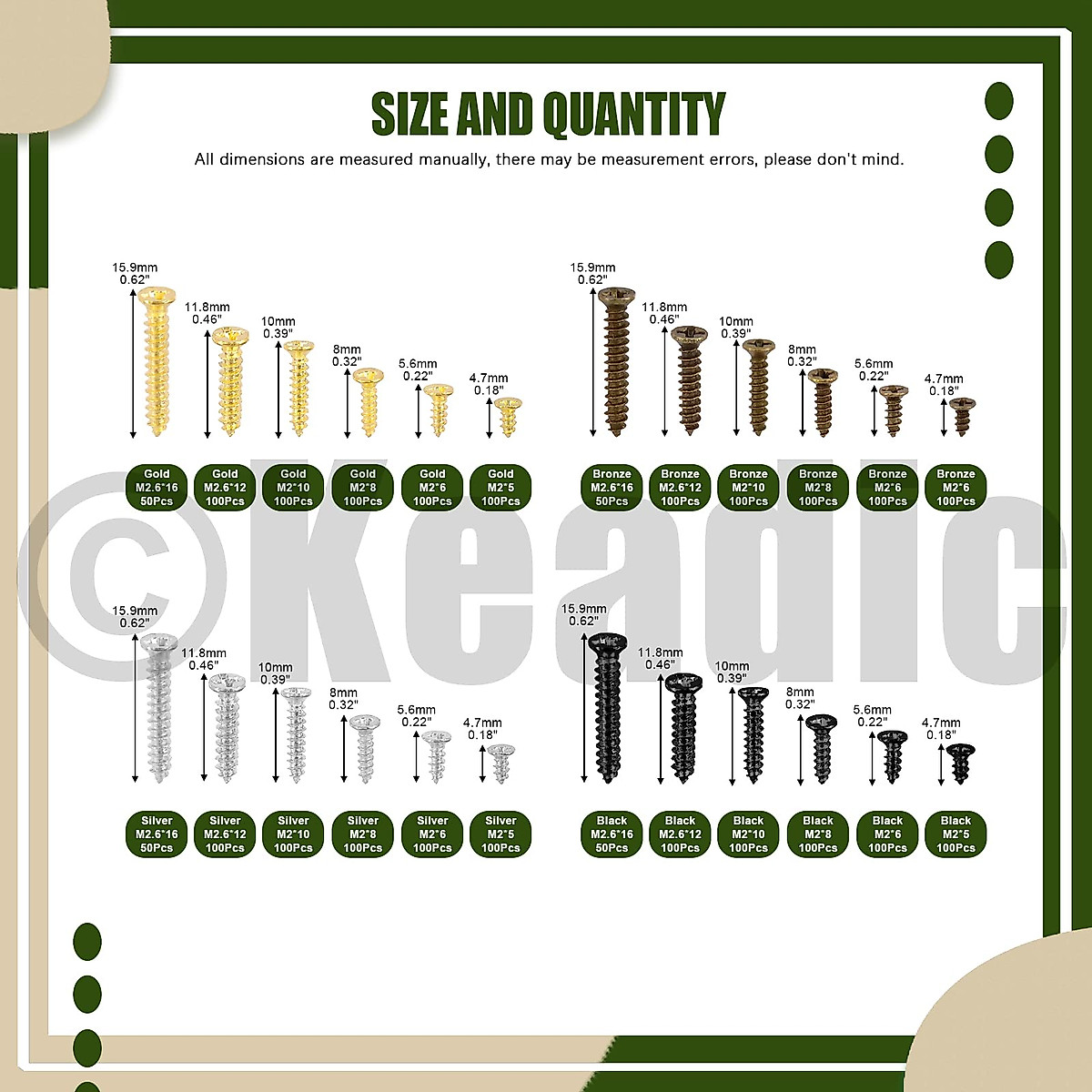 Keadic 2200 Pcs 4 Color Small Self Tapping Screws Assortment Kit, M2*5/6/8/10mm M2.6 * 12/16mm Self-Drilling Flat Cross Head Mini Wood Screw with Plastic Case (Black, Bronze, Silver, Gold)