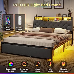 BTHFST Queen Bed Frame with Charging Station, LED Bed Frame Queen Size with Headboard Storage and 2 Drawers, Metal and Upholstered Platform Bed Frame with Lights, No Box Spring Needed, Dark Grey