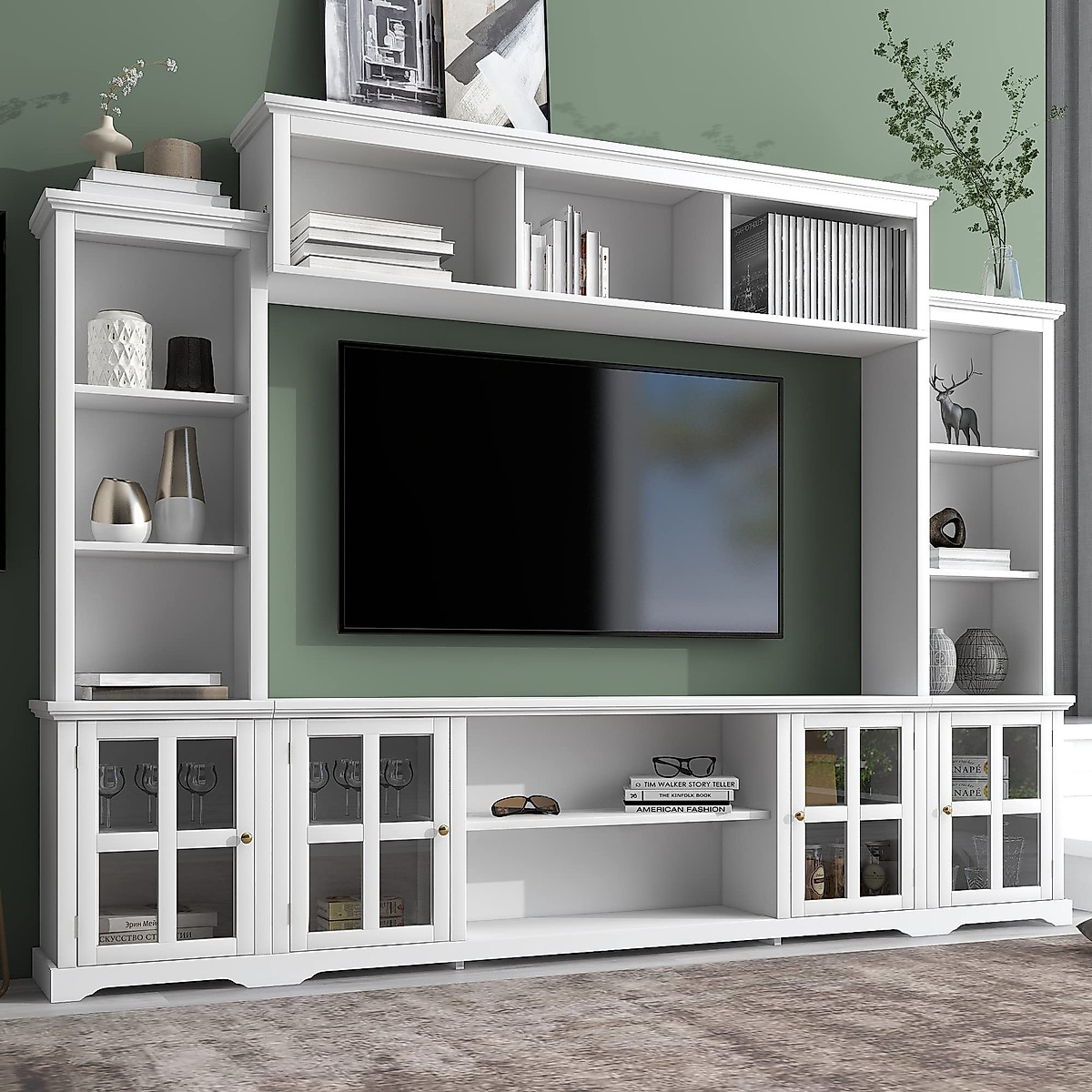 Multifunctional All in One TV Stand for TVs Up to 70'', Luxury Entertainment Wall Unit with Bridge and Tempered Glass Door, TV Stand Console Table with Top Cabinet for Living Room (White-70)