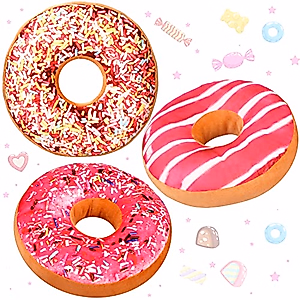 3 Pieces Donut Round Throw Pillow 16 Inch Pink Donut 3D Digital Print Pillow Cute Doughnut Shaped Funny Pillows Soft Plush Food Stuffed Decor Comfortable Cushion for Floor Chair Couch