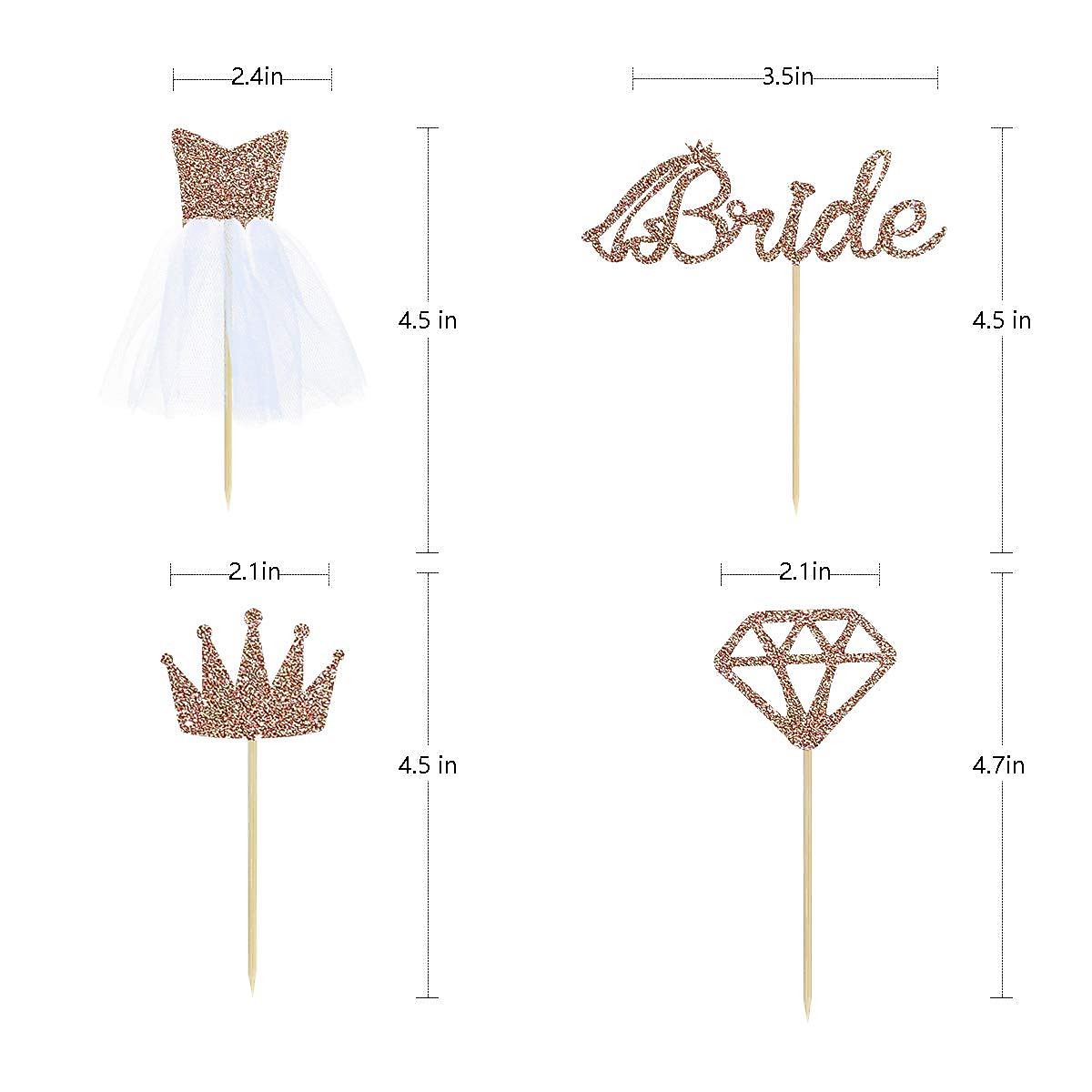 32 Rose Gold Glitter Bride To Be Cupcake Toppers with Diamond,Crown,Bride,3D Tulle Dress Cupcake Toppers for Bridal Shower Supplies, Wedding Engagement, Bachelorette Party Decorations
