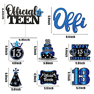 BUoonyer 42pcs 13th Black Blue Official Teen Birthday Banner Party Decorations, 13 Years Old Glitter Hanging Garlands Swirls Signs for Boys Girls, Cake Topper Centerpieces Decor Photo Booth Props