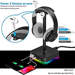 KAFRI RGB Headphone Stand with USB A&C Charger Desk Gaming Headset Holder Hanger Rack with 3 USB Charging Port and 2 Outlet - Suitable for Gamer Desktop Table Game Earphone Accessories Boyfriend Gifts