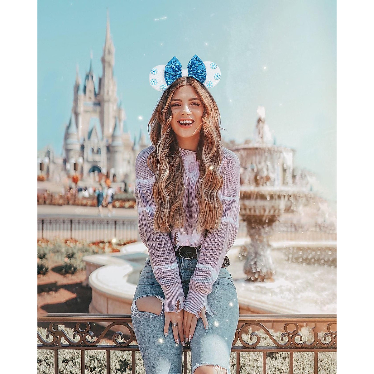 WOVOWOVO Mouse Ears Headbands for Women Girls Sparkle Bow Hairbands Halloween Christmas for Cosplay Costume Princess Party Decorations (Blue Snowflake)