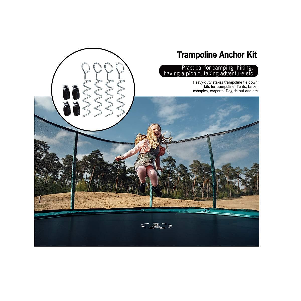 4-Pc Pack Spiral Stakes Heavy Duty Anchor Kit for Trampoline Steel Stakes Anchor Kit for Trampolines, Tents, tarps, Canopies,car Ports,Dog tie Out and etc Bonus Tie Down Straps 4-Pc Pack(Silver)