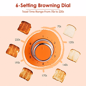 2 Slice Toaster Roter Mond Retro Stainless Steel Toaster with Bagel, Cancel, Defrost Function and 6 Bread Shade Settings Bread Toaster, Extra Wide Slot and Removable Crumb Tray, Orange