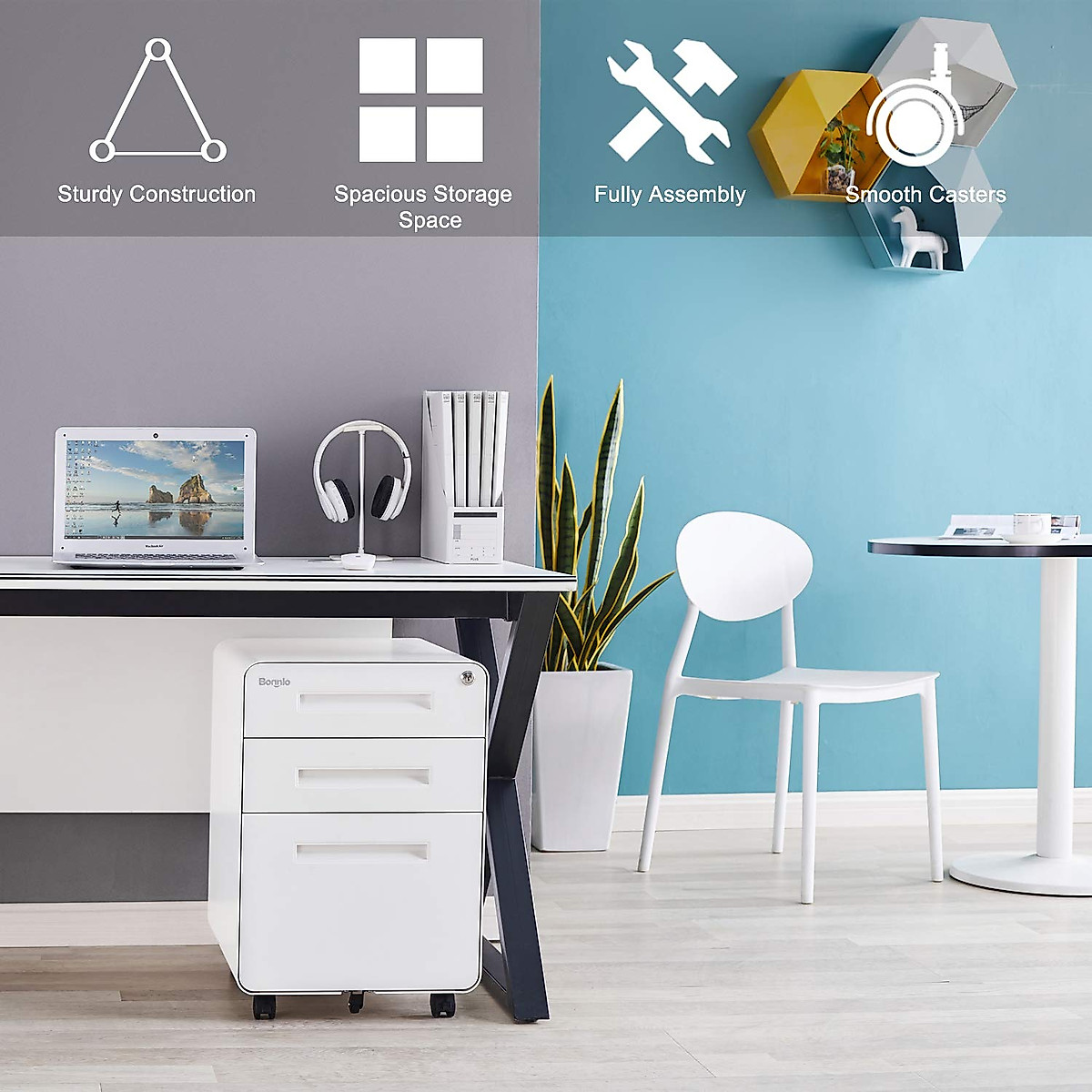 Bonnlo 23.8" H 3 Drawer Rolling File Cabinet with Lock, Mobile File Cabinet Under Desk with Pencil Tray, White Locking File Cabinet for Home Office, Metal Filing Cabinet Printer Stand Fully Assembled