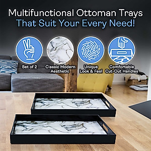 Bowmani Large Ottoman Tray Set - Faux Marble Coffee Table Tray with Black Accents, 18 x 12 Inches