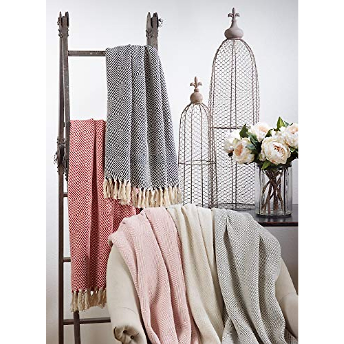 SARO LIFESTYLE Sevan Collection Soft Cotton Diamond Weave Throw, Pink