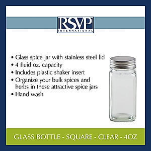 RSVP International Kitchen Storage Collection Glass Spice Jars, Square, 4-Ounce, Clear/Stainless Steel