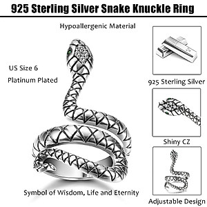 Sllaiss 925 Sterling Silver Snake Ring for Women White Gold Plated Vintage Punk Rings Adjustable Open CZ Animal Snake Finger Ring Jewelry