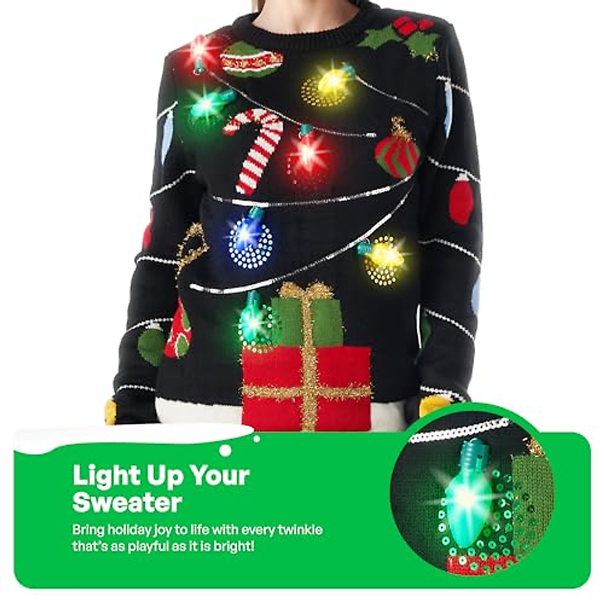 JOYIN Womens LED Light Up String Light Ugly Christmas Sweater Built-in Light Bulbs (X-Large, Black)
