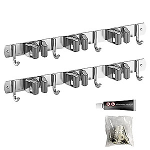 dsfen 2 Pcs Broom Holder Wall Mount Stainless Steel Mop Holder Broom Hanger Heavy Duty Broom Holder for Laundry Room Garden Garage Bathroom (3 Racks 4 Hooks)