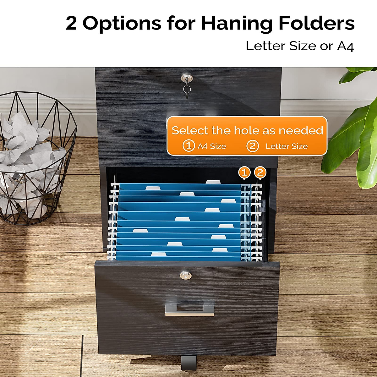 VINGLI 2-Drawer Small Rolling File Cabinet with Lock, Wood Filing Cabinet for Hanging Letter Size Filings with Tabs, Mobile Under Desk File Cabinet for Home Office, Classic Black, 27.2" H