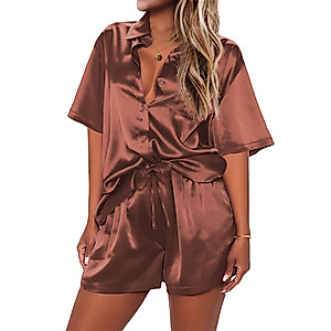 Ekouaer Pajamas for Women Silk Soft Sleepwear Short Sleeve Button Down Pjs Satin Top and Shorts 2 Piece Lounge Set,Brown,M