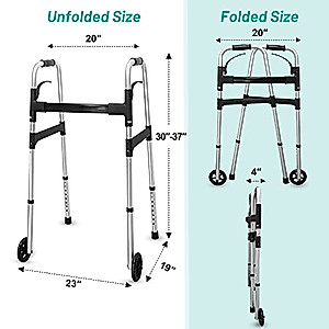 Nurhome Compact Folding Walker with Trigger Release and 5" Wheels Walker for Senior Lightweight Adjustable Height Supports up to 350 lbs