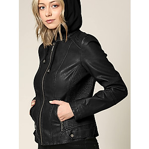 Made By Johnny MBJ WJC1044 Womens Faux Leather Quilted Motorcycle Jacket with Hoodie L BLACK