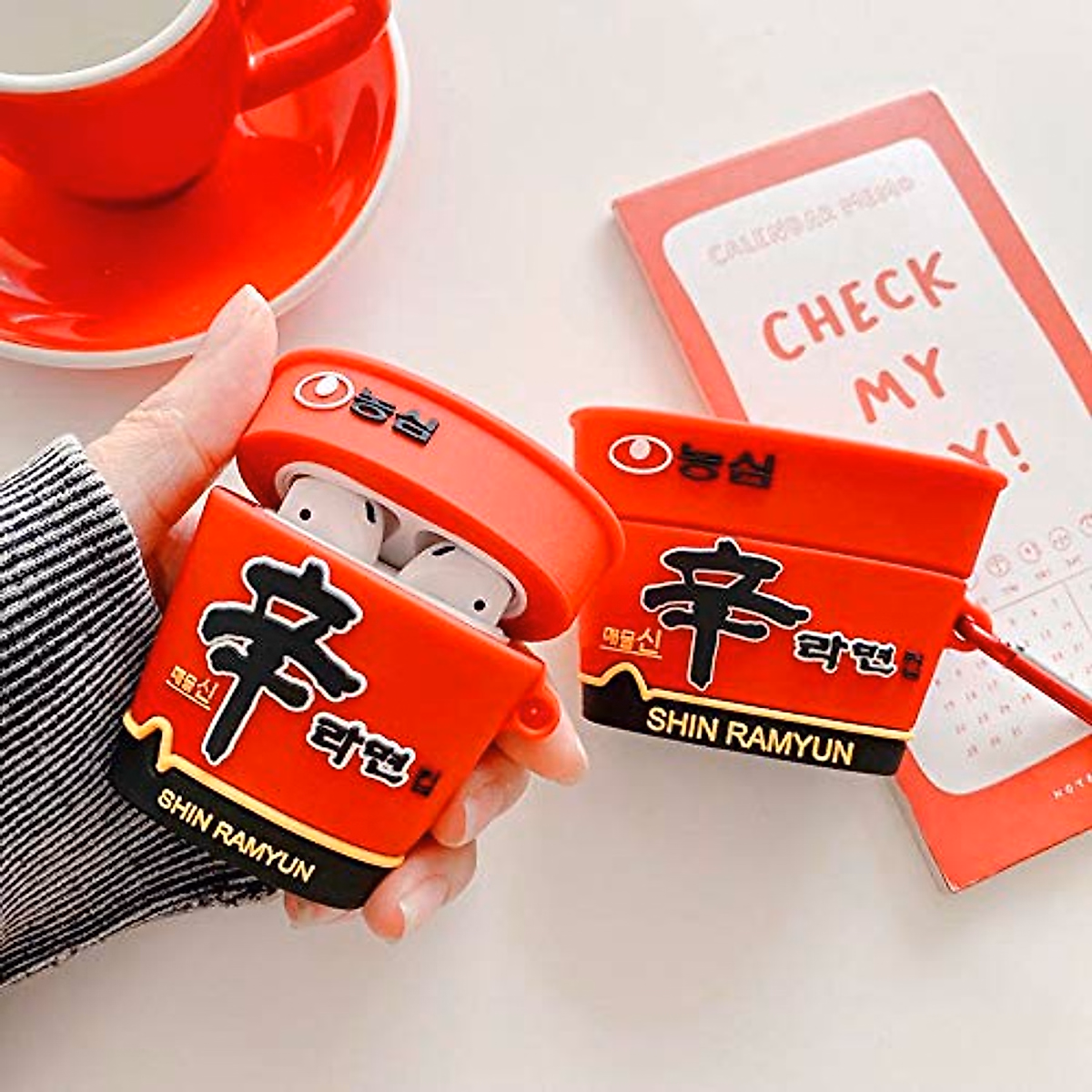 Ahnspiceo Airpods Pro Case, Funny Cute Cool Design,3D Cartoon Fashion Red Ramen Cup Silicone Sleeve，Suitable for Girls, Boys, Children (Xin Ramen Cup)