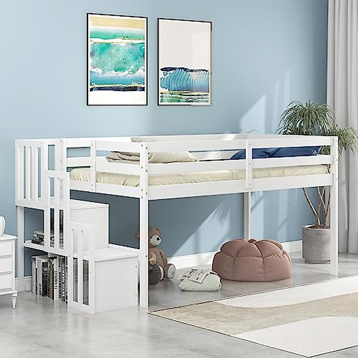 HABUHOME Low Loft Bed with Staircase,Twin Size Kids Loft Bed with Step Storage,Wood Loft Bed Frame Twin with Safety Guardrails for Girls, Boys,White