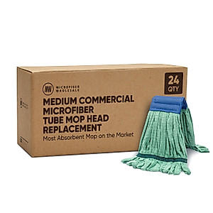 Bulk Commercial Mop Head Replacement (24 Count) - Medium Microfiber Tube Mop (14 oz.) | Industrial Wet Mops | Refill, Machine Washable, Heavy Duty | Hardwood, Tile, Laminate, Vinyl Floors (Green)