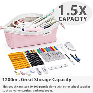 SPACEMATE Pencil Case Pouch Bag School Supplies for Girls, Cute Aesthetic Corduroy Pen Case, Simple Large Big Capacity Zipper Stationery Bag for Women Teen Adults, Pink, 1200ml