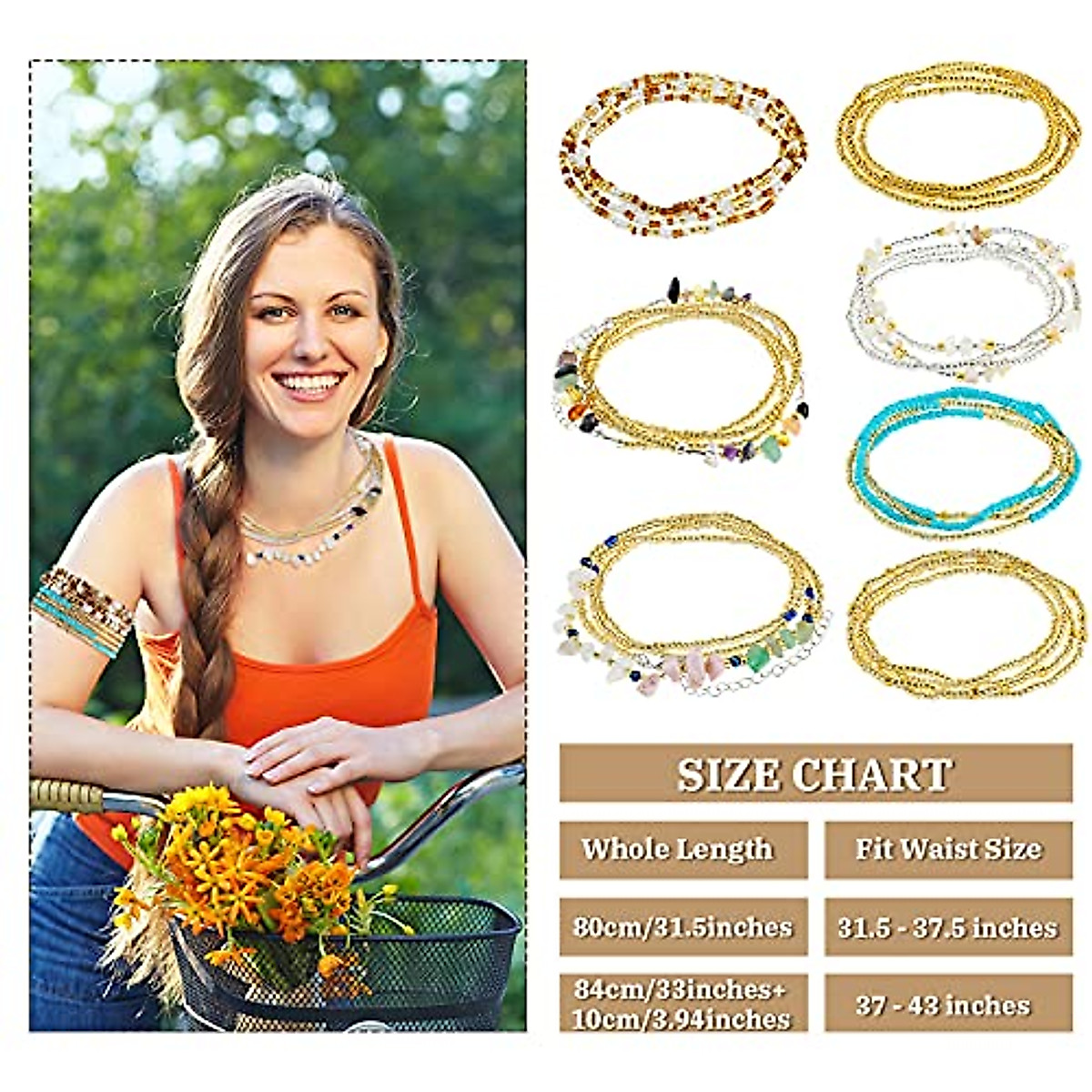 Jadive 7 Pieces Waist Beads for Women Jewelry Belly Beads Chains Colorful Summer African Beach Bikini Body Belly Chains Bohemia Body Jewelry (Stylish Style)