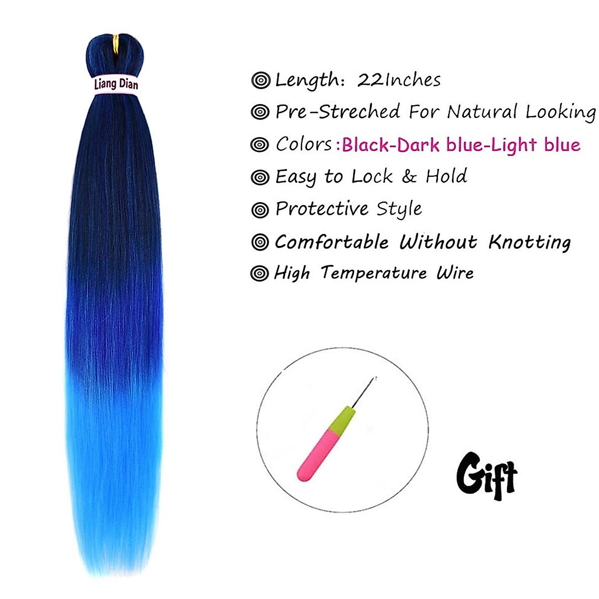 Liang Dian Pre-Stretched Braiding Hair 22 inch 6 packs Hot Water Setting Synthetic Hair Crochet Braiding Hair Extension(mixed black/dark blue/light blue)