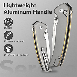 SENCUT Button Lock Pocket Knife for EDC, Serene Folding Knife, Thumb Stud & Flipper Opener, Aluminum Handle with 3.48" D2 Black Stonewashed Blade for Outdoor, Camping, Hunting S21022B-3 (Gray)