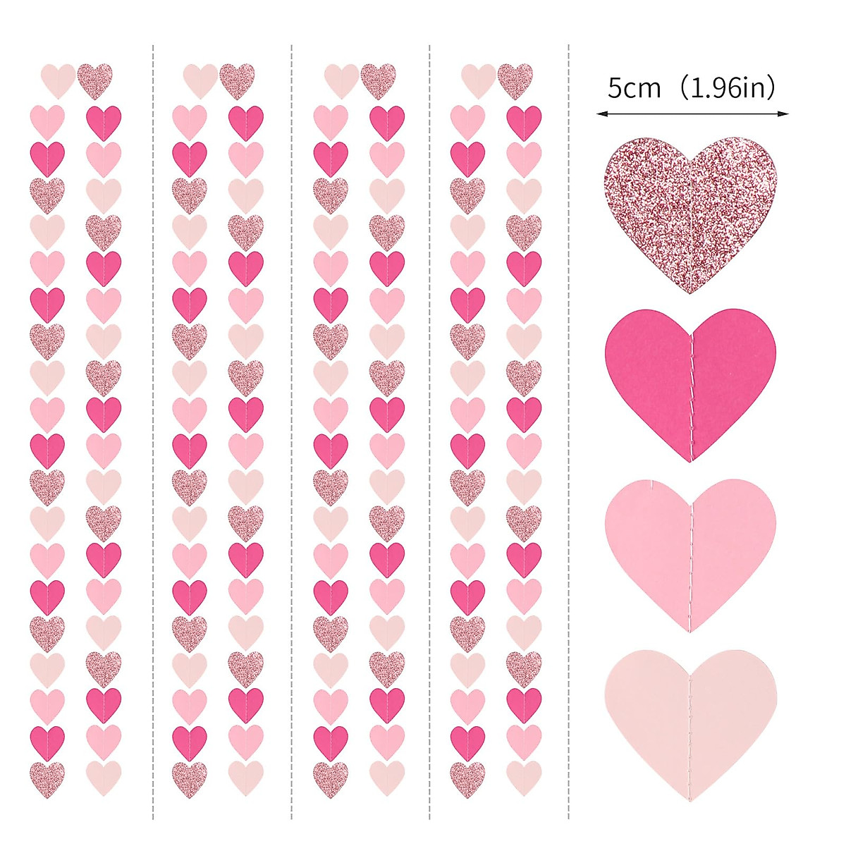 Hot-Pink Rose-Gold Party Decorations Heart-Garland - 52ft Wedding Bridal Shower Hanging Decoration Streamers Banner,Baby Girl Birthday Bachelorette Engagement Mohters Valentines Day Decor Panduola