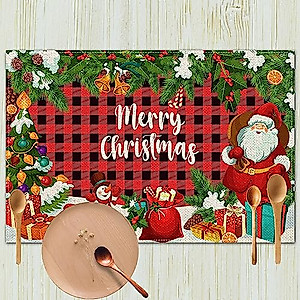 Red and Green Buffalo Plaid Santa Claus, Truck, Snowman Merry Christmas Placemats Set of 6, 12x18 Inch Winter Table Mats for Party Kitchen Dining Decoration (A)