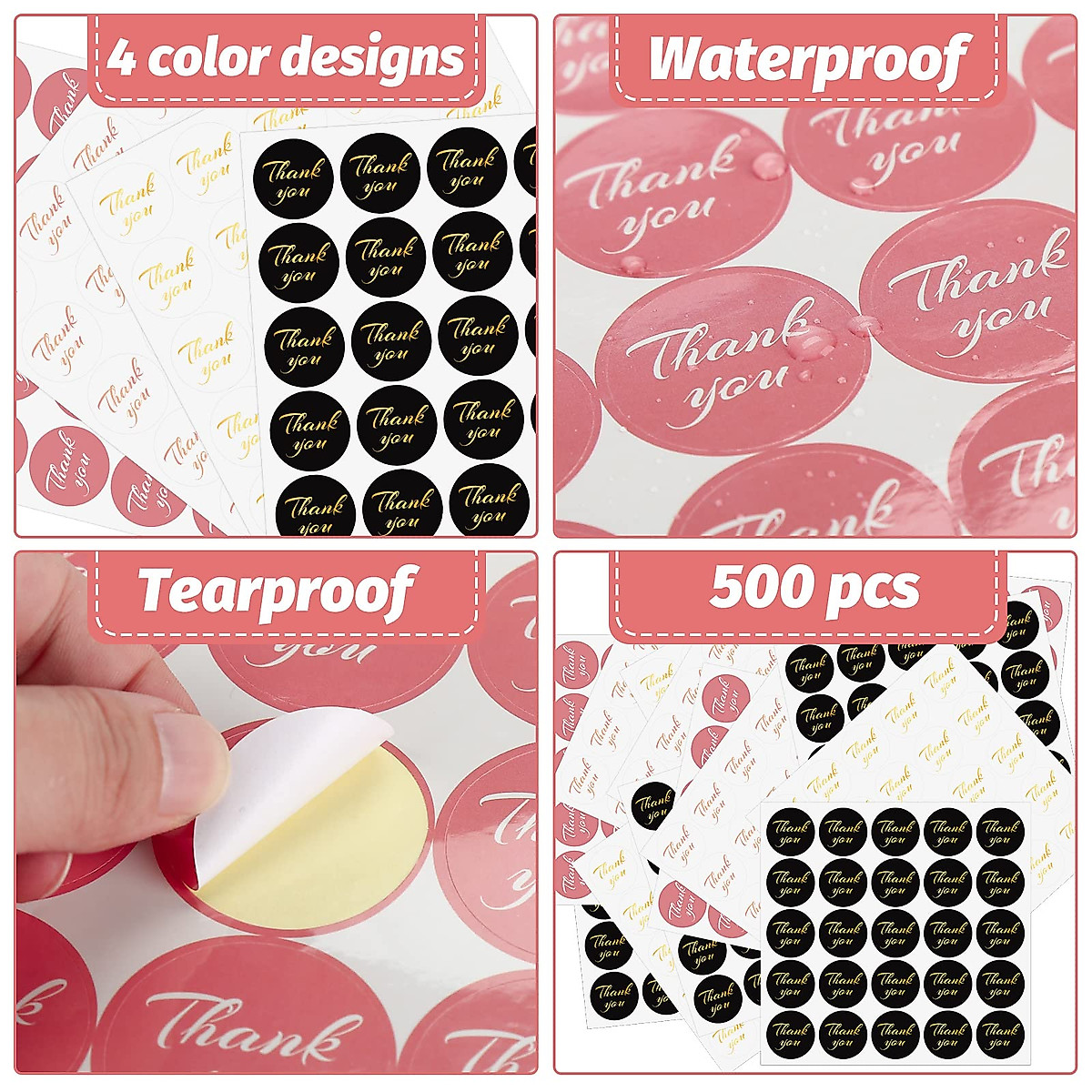 Koogel 500 PCS Thank You Stickers 4 Colors Thank You Round Sticker Labels for Boutiques Giveaways Envelope Seals Weddings Birthday Party Gift Wrapping Bags
